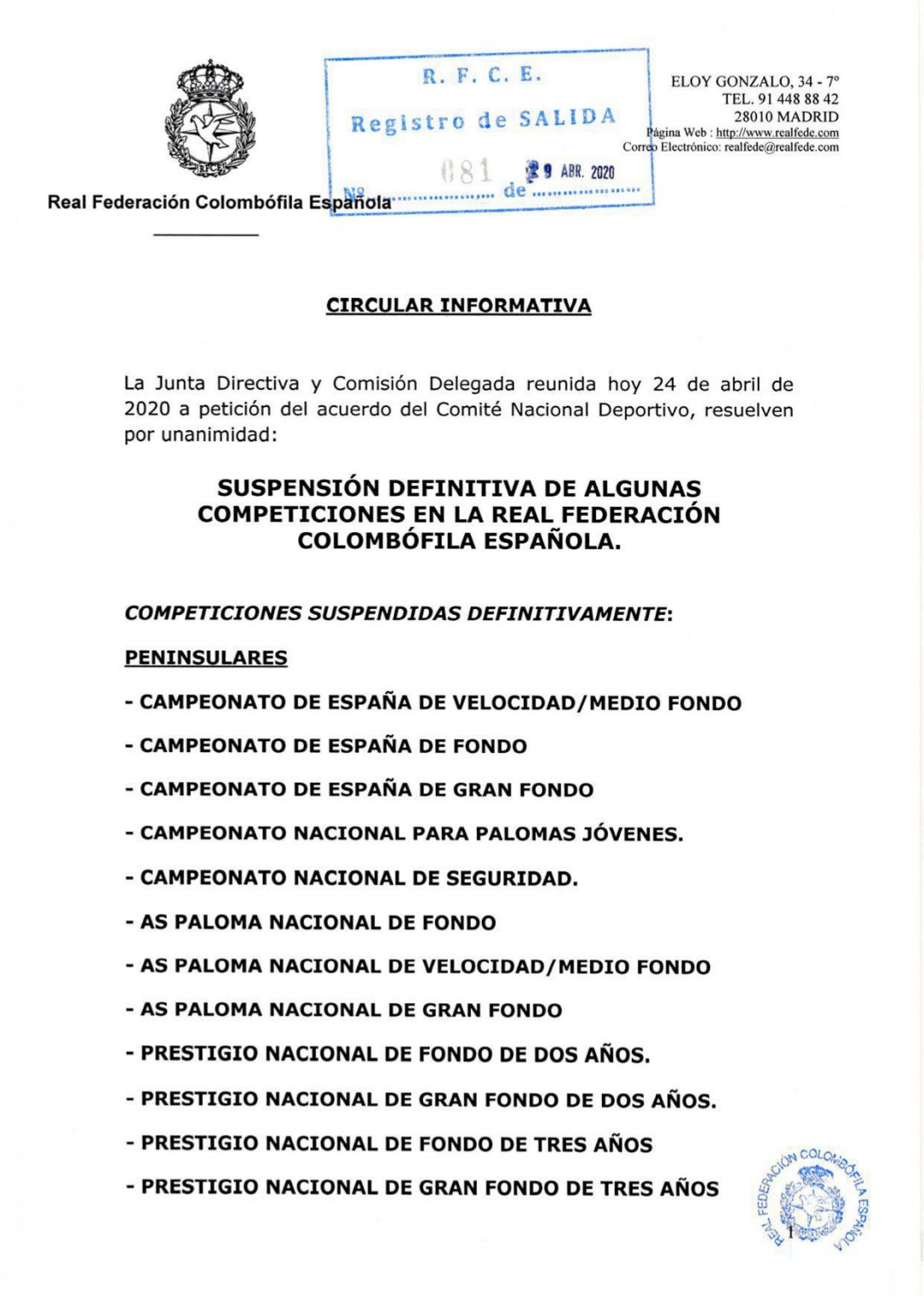Circular informativa – Real Federación Colombófila Española